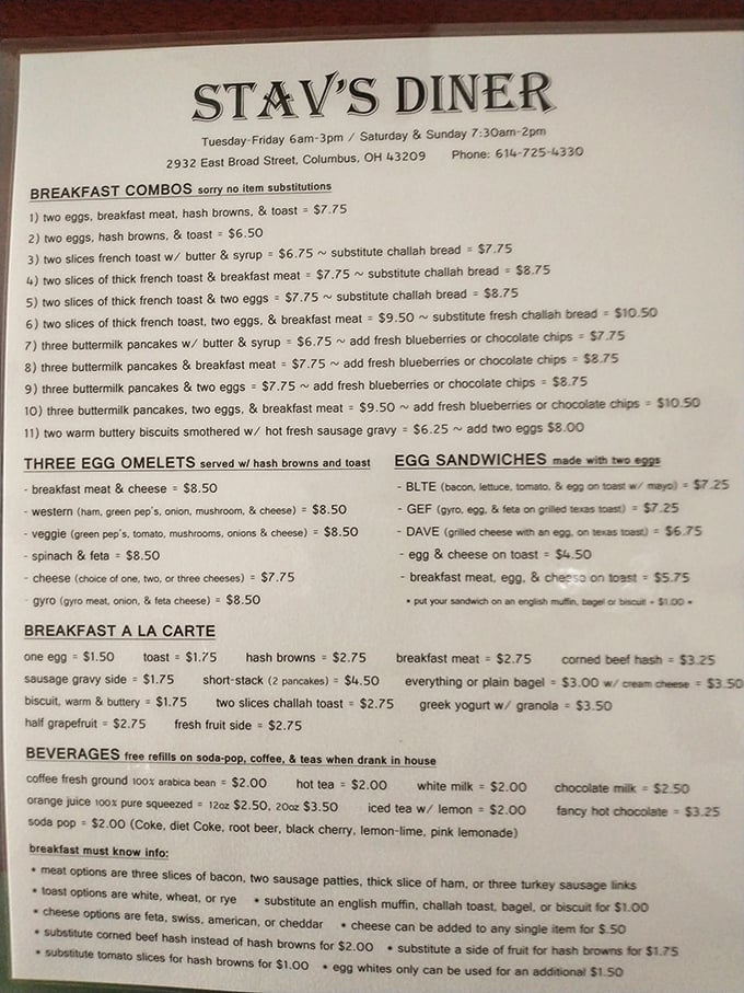 A menu that doesn't need fancy descriptions—just honest breakfast classics at prices that won't make you spill your coffee.