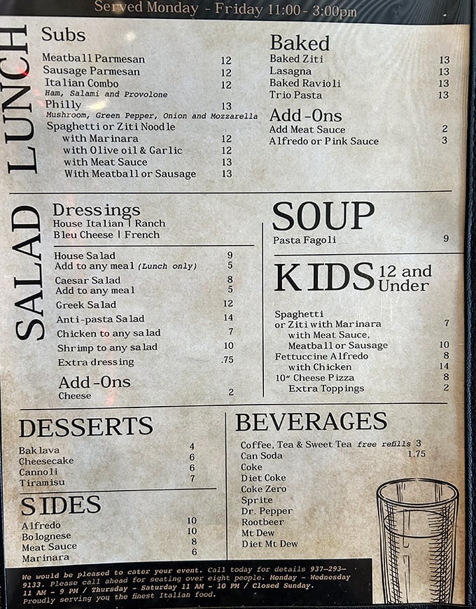 This menu reads like a greatest hits album of Italian-American comfort – every track's a winner.