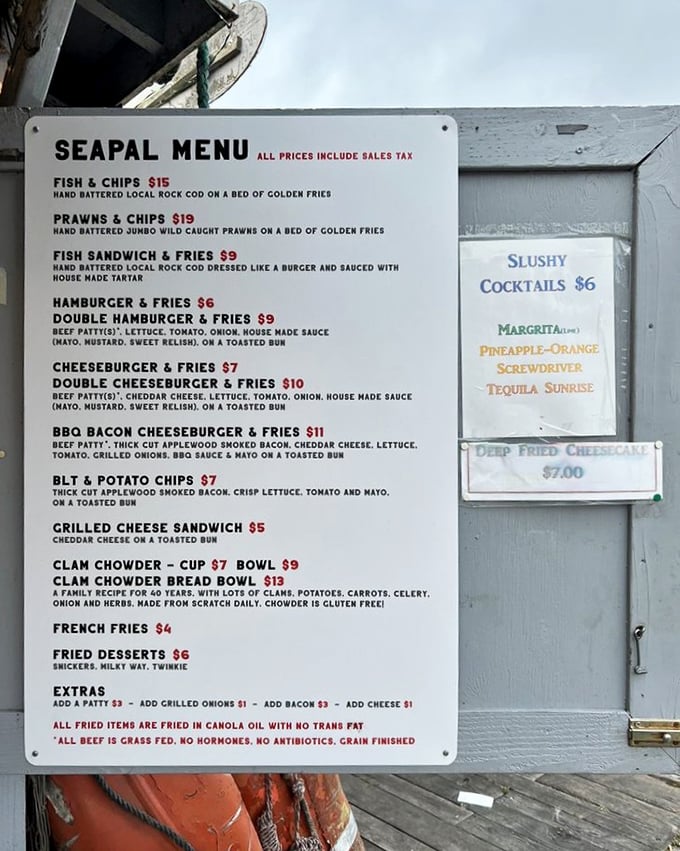 The menu board tells the whole story—simple, straightforward, and focused on what matters. No foam or fancy reductions, just seafood done right.