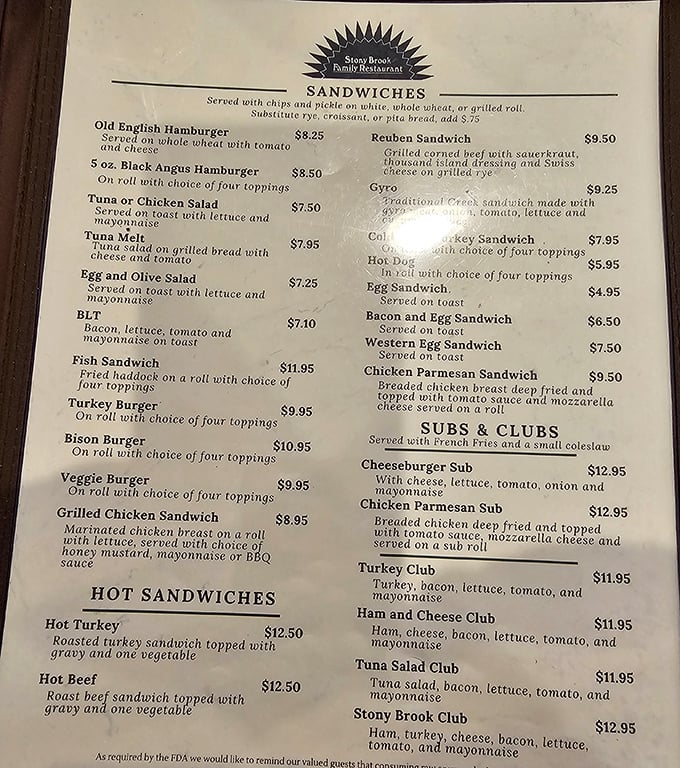 The menu that launched a thousand road trips, featuring the legendary Bagel Stuffer in all its glory.