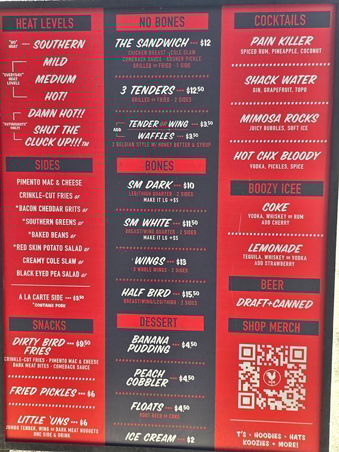 That heat scale isn't just a menu—it's a personality test. "Southern" for the sensible, "Shut the Cluck Up!!!" for those with something to prove.