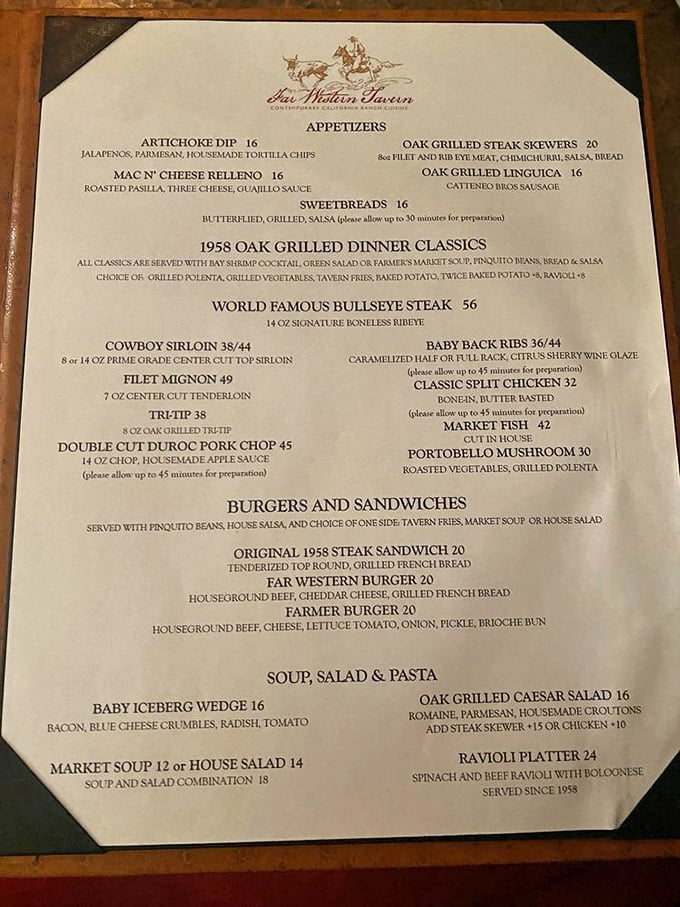 This isn't just a menu—it's a declaration of delicious intent. The "World Famous Bullseye Steak" isn't just bragging; it's a promise kept with every bite.