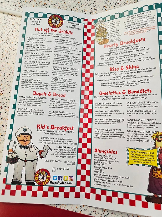This menu isn't just a list of food—it's a roadmap to happiness. "Peasanty French Toast" and "Rise & Shine" options prove someone here has a delightful sense of humor.