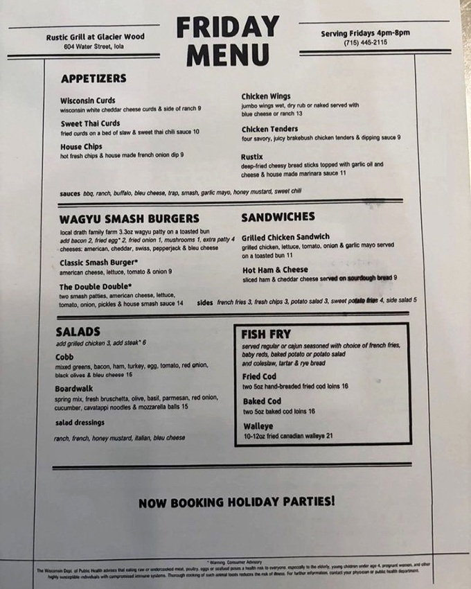 This isn't just a menu—it's a roadmap to comfort. Wisconsin's soul on paper, from fish fry to burgers, each item a potential memory in the making.