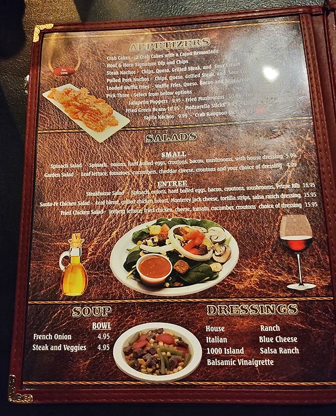 The menu doesn't just list food—it's practically a love letter to beef, with appetizers that serve as delicious opening acts to the main event.