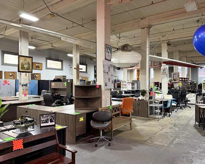 Office chairs lined up like they're auditioning for your home workspace – ergonomic dreams at thrift store prices.