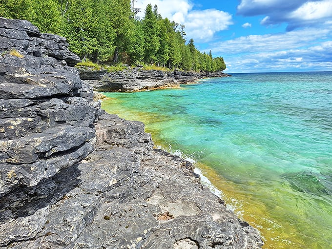 Nature's architecture on full display. These ancient limestone formations meet turquoise waters in a geological masterpiece millions of years in the making.