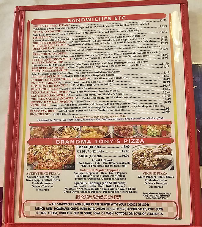 This isn't just a menu—it's a roadmap to happiness. From "Surfer's Delight" to "Grandma Tony's Pizza," each item promises a delicious journey.