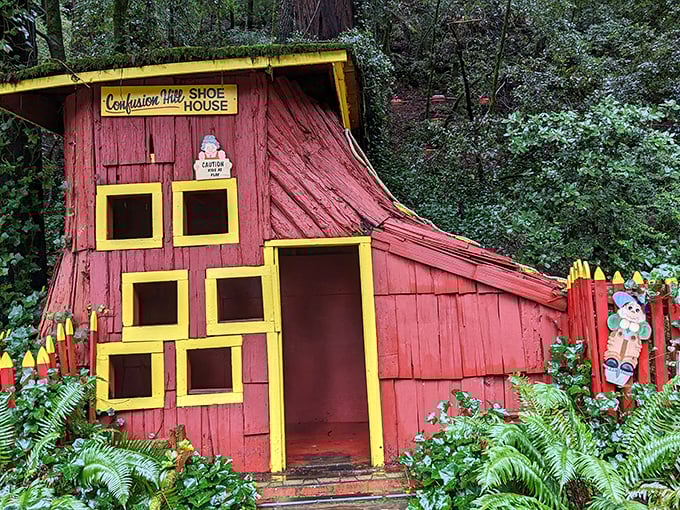 The whimsical Shoe House brings nursery rhymes to life with its bright red exterior and yellow trim – no old woman or children inside, thankfully.