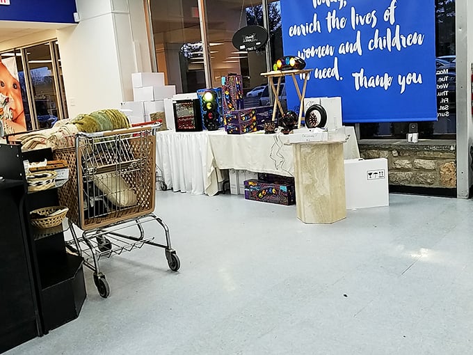 The blue sign says it all—your bargain hunting supports women and children in need. Shopping with purpose never looked so good.