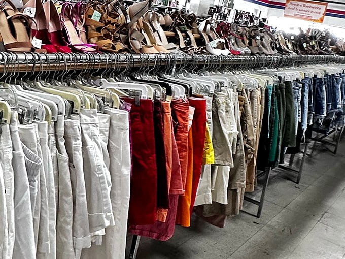 The rainbow of shorts and pants tells a colorful story—each hue representing someone's past and your potential future wardrobe win.