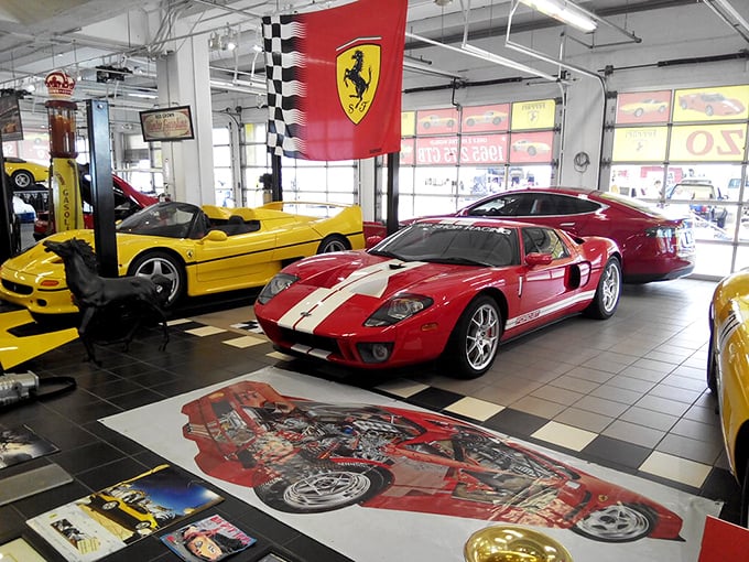 Ferrari flags fly proudly over million-dollar masterpieces, creating the surreal juxtaposition of luxury automobiles mere steps from $5 t-shirts.