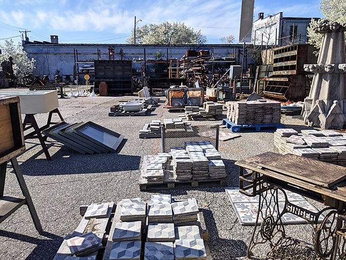 The outdoor salvage yard—where one person's demolished building becomes another's conversation piece. That marble slab has stories to tell.