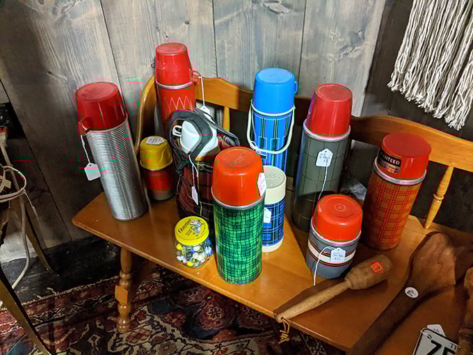 A rainbow regiment of vintage thermoses stands at attention, ready to transport you back to family road trips and picnics of decades past.