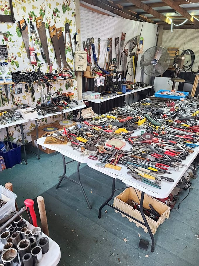 Tool heaven for the DIY enthusiast! This table holds more problem-solving potential than a hardware store's entire "help" department.