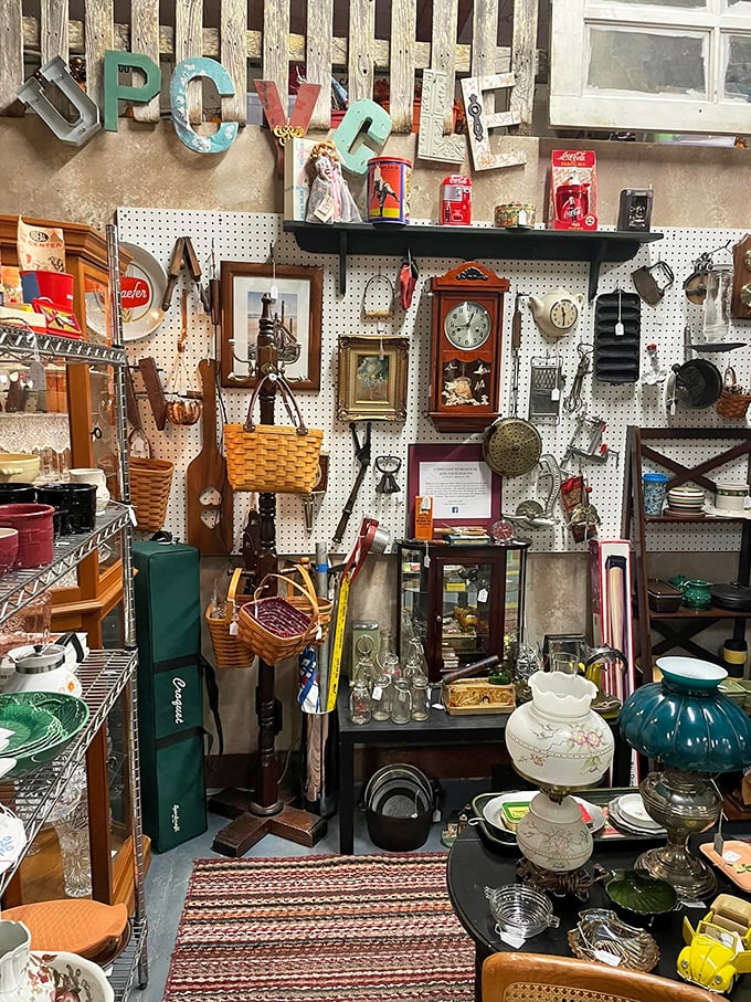 This vintage "upcycle" wall is a collector's dream – where yesterday's knick-knacks become tomorrow's conversation pieces.