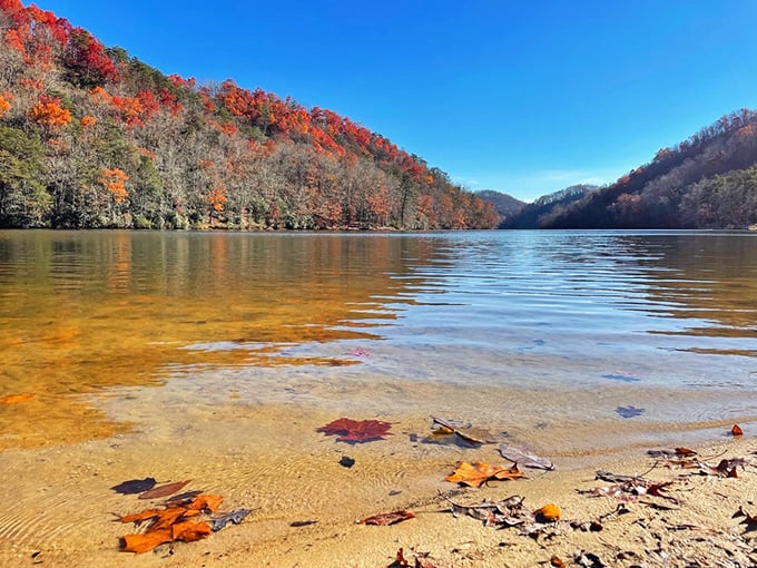 When the lake surface mirrors surrounding peaks this perfectly, you'll swear someone polished Mother Nature's favorite looking glass.