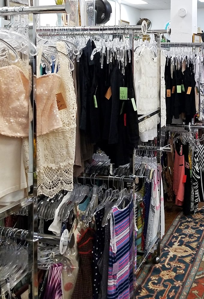 Formal wear that still has plenty of dance floor potential hangs patiently, waiting for its next night on the town.