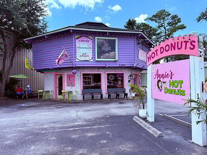 Annie's Hot Donuts' purple and pink building is impossible to miss – like a rainbow decided to open a bakery.