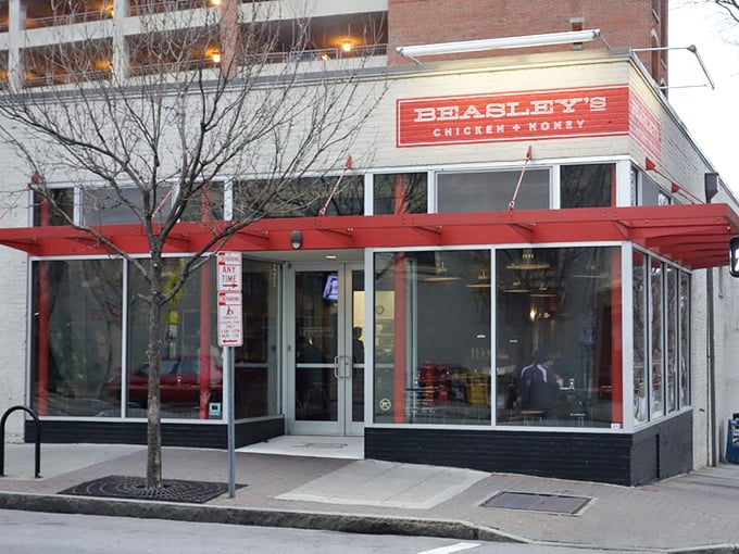 Beasley's red awning beckons like a beacon for anyone who understands that chicken deserves proper respect.
