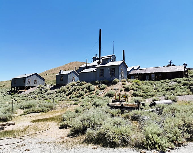 Bodie’s blue house stands quietly, a timeless reminder of Gold Rush days against the desert air.