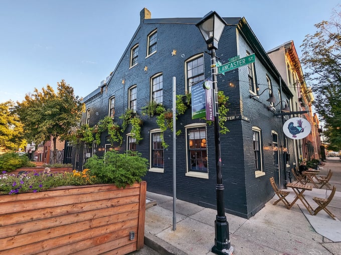 Bunny's Buckets & Bubbles occupies this gorgeous blue brick corner building. Fells Point architecture with a side of crispy chicken – what's not to love?