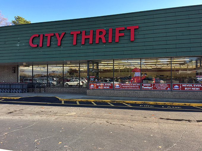 City Thrift’s bold red letters pop against the green facade, calling out to every deal-seeker driving by.