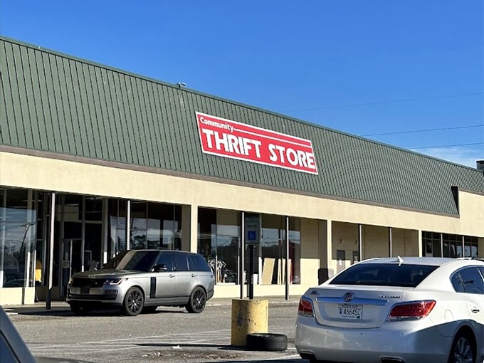 Community Thrift Store's straightforward signage means business - no fancy frills, just serious bargain hunting ahead.