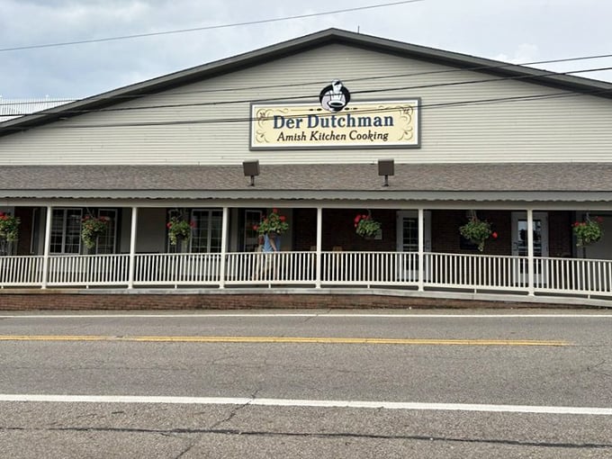 Der Dutchman's welcoming white exterior and hanging flower baskets promise Amish country comfort food that grandma would approve of—if grandma were an exceptional cook!