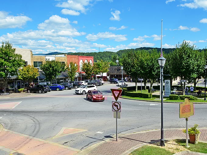 This town square feels like the heart of Norman Rockwell's America, beating strong in mountain country.