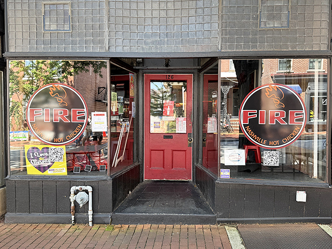 Fire's bold red door is both an invitation and a warning—Nashville hot chicken that lives up to its name awaits the brave!