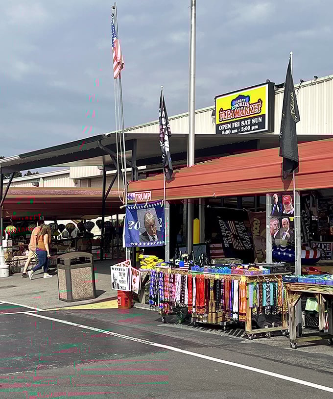 The Great Smokies Flea Market sign doesn't lie about being open weekends – consistency counts in treasure hunting.