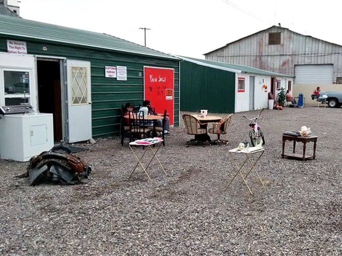 Old-school swap meet vibes where weathered buildings hold decades of stories and surprises.