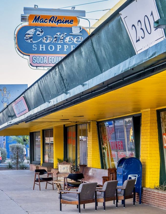 MacAlpine's sunny yellow exterior with its vintage signage – where nostalgia is always on the menu.