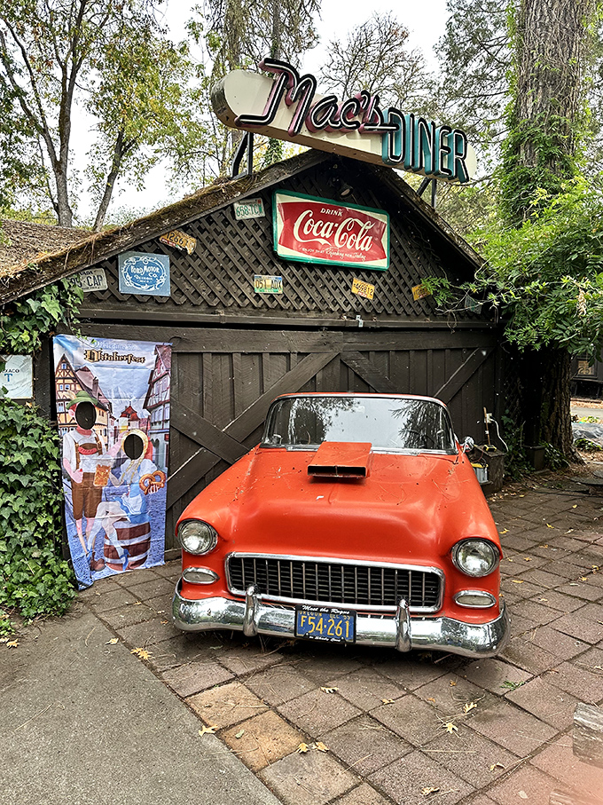 That vintage Chevy isn't just decoration – it's a time machine transporting you to diner glory days.