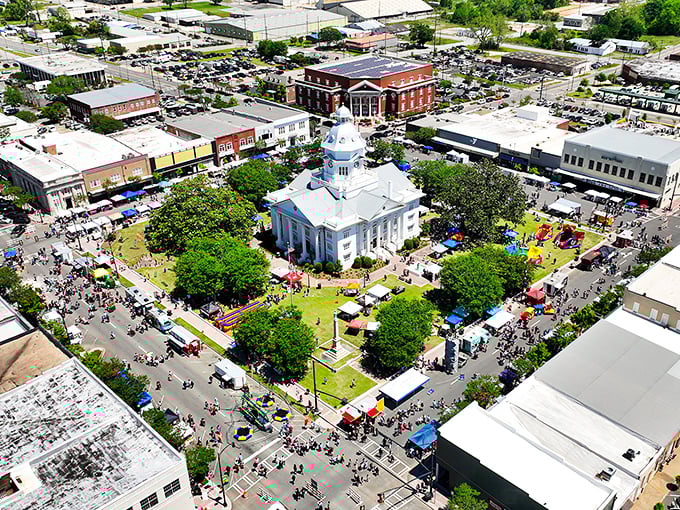 Moultrie's bustling town square comes alive during festivals, with the stately white courthouse standing proudly at the center of community celebrations.
