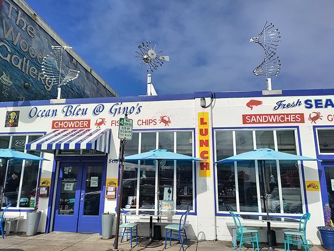 Ocean Bleu's cheerful blue and white facade promises the kind of seafood that makes memories.