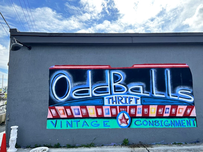 Oddballs Nifty Thrift's neon-style sign glows with personality. This isn't just a store—it's a statement that "normal" is overrated!