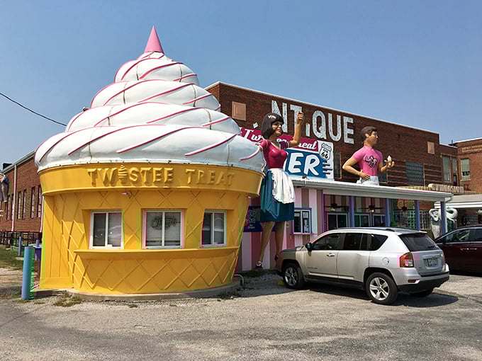 That giant ice cream cone isn't just decoration – it's a sweet promise of vintage delights inside.