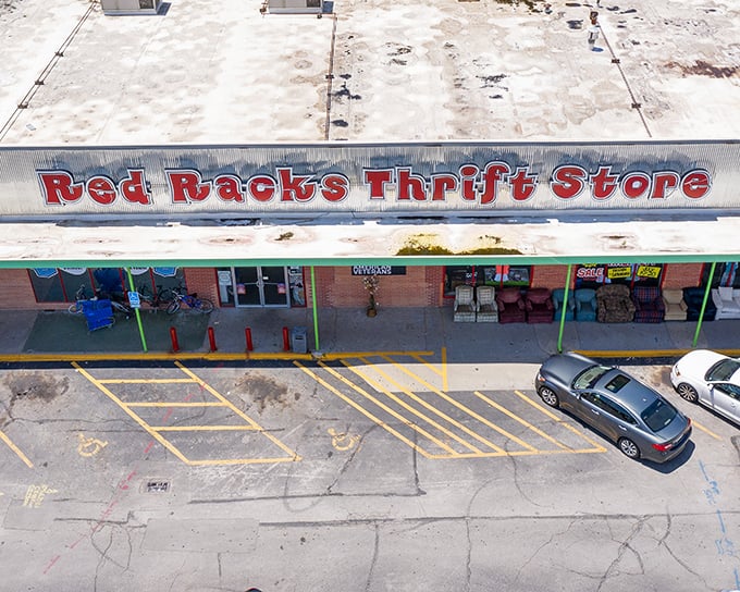 Red Racks' aerial view reveals a thrifter's playground sprawling beneath that iconic red sign – adventure awaits inside!
