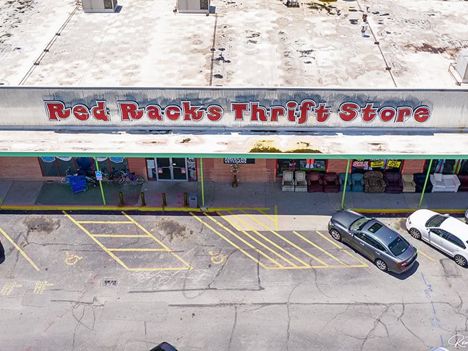 Red Racks stands proud like a thrift store fortress, ready to defend your wallet from overpriced retail.
