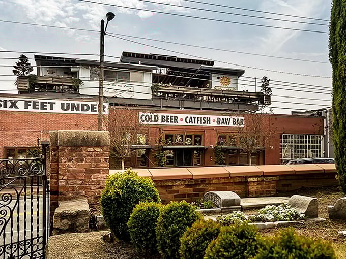 Six Feet Under's brick facade hides Atlanta's seafood paradise – where urban meets coastal with a side of skyline views.