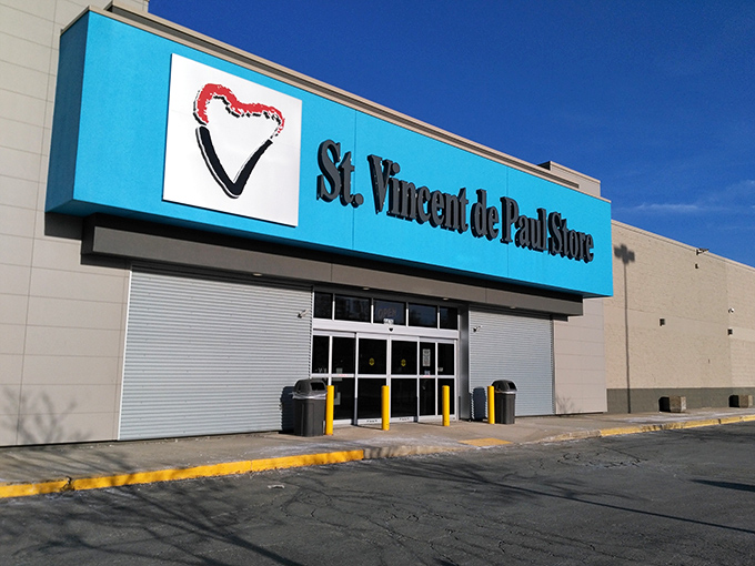 That bright blue beacon calls to thrifters like a lighthouse guides ships to bargain-filled shores.