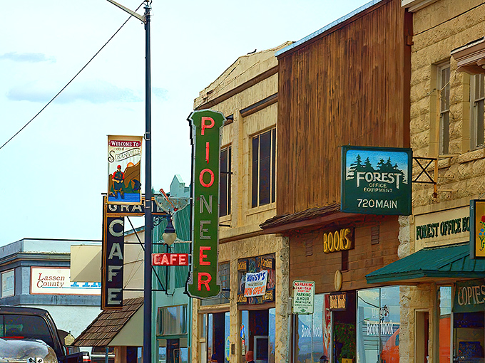 Susanville's colorful storefronts line up like a box of crayons against the desert sky.
