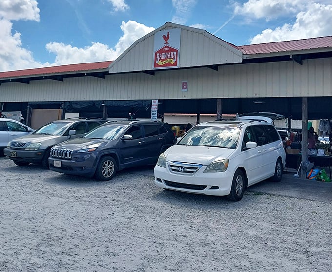 The Barnyard Flea Market's simple exterior hides a world of wonders. That rooster sign isn't just decoration—it's your call to adventure!