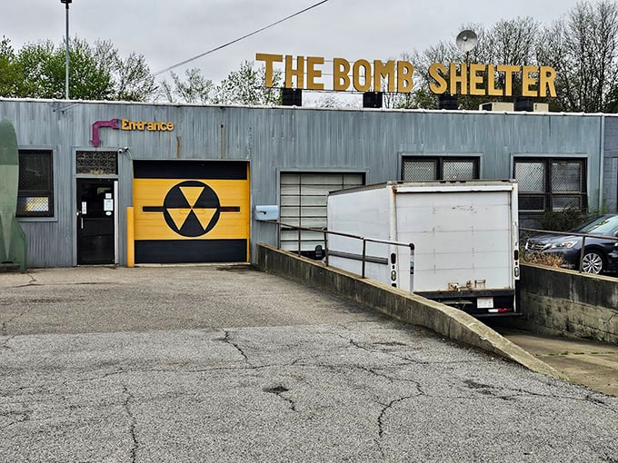 The Bomb Shelter's industrial exterior and atomic logo perfectly telegraph what's inside: a blast from America's mid-century past.