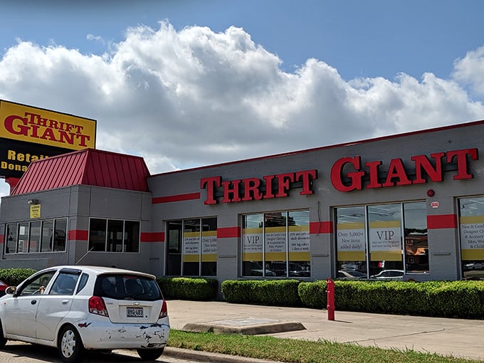 The name doesn't lie! Thrift Giant's bold red signage announces a warehouse-sized adventure for bargain seekers.