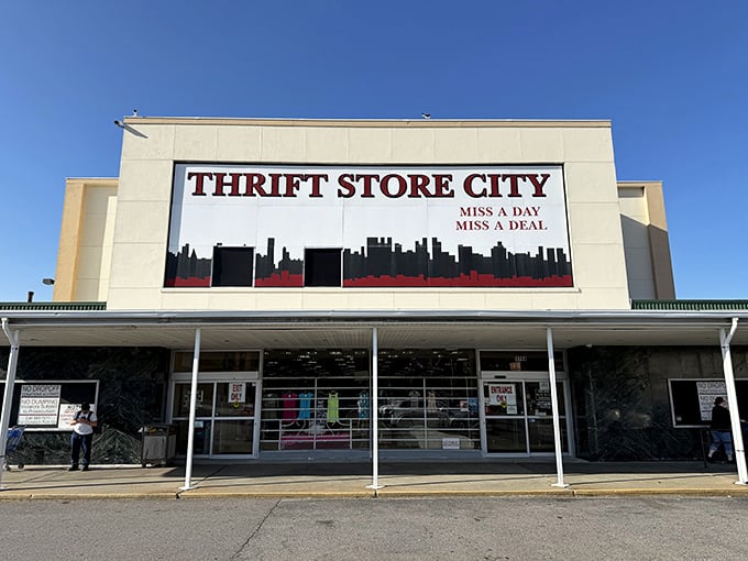"Miss a day, miss a deal" warns Thrift Store City's skyline-adorned sign. This thrifter's paradise means business about bargains!
