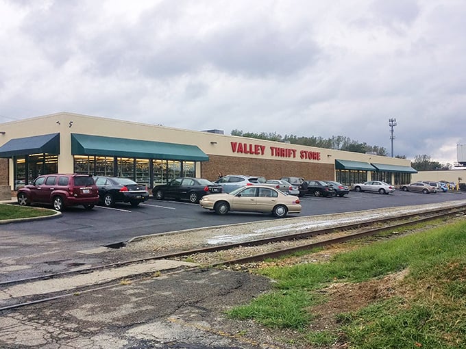 Valley Thrift Store's long, low building stretches like a promise of endless aisles filled with hidden gems.