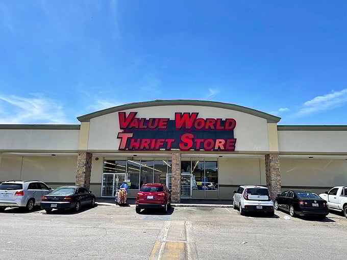 Value World's clean storefront suggests organized treasure hunting - no dusty rummaging through mysterious boxes required.